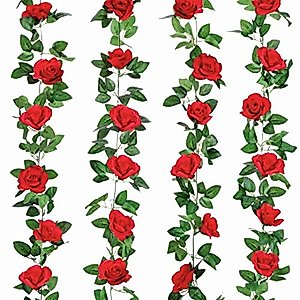 4 Pack 32FT Red Flower Garland Rose Flower Banners Artificial Aesthetic Flowers for Wedding Arch Party Garden Craft Room Décor(Red)