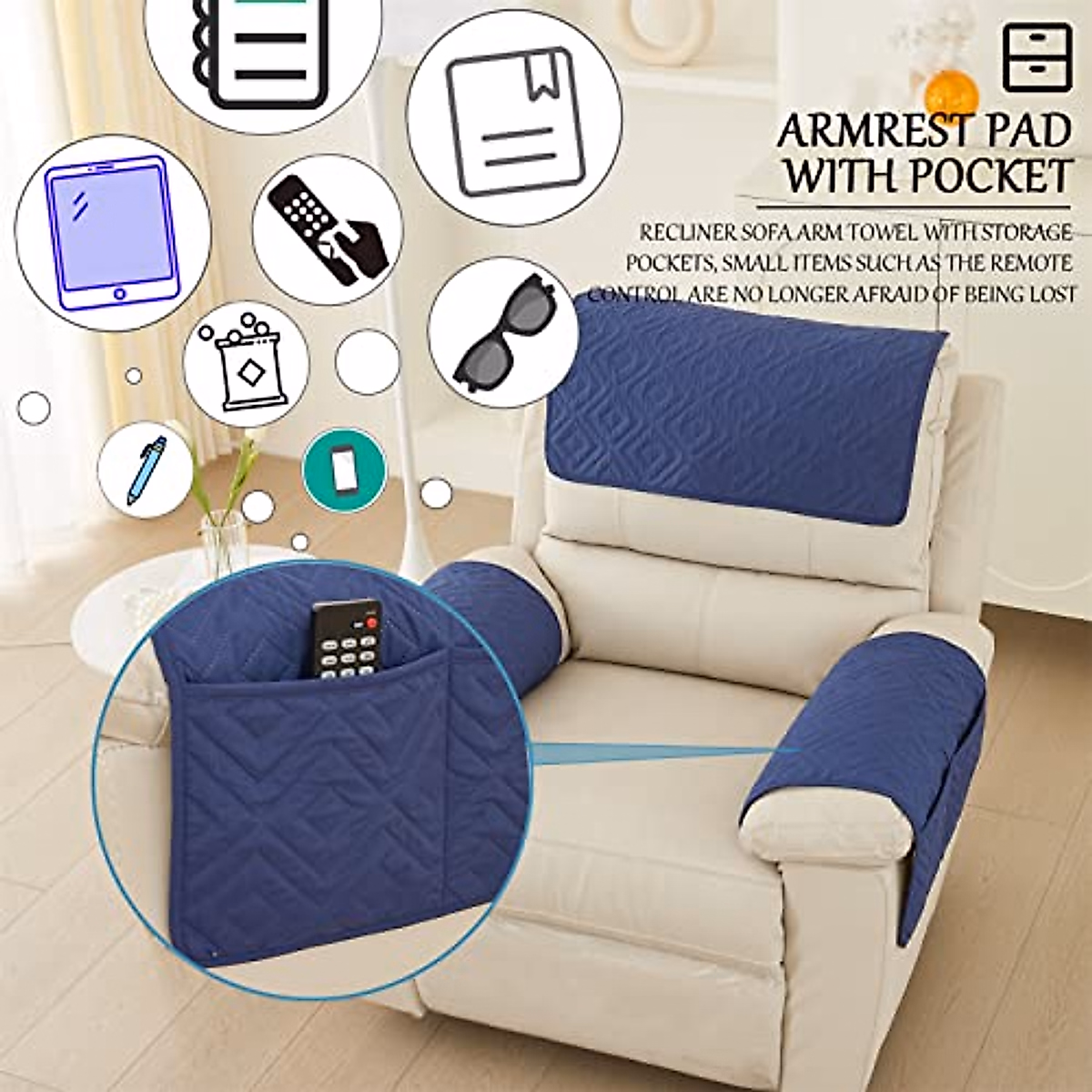 EXTLEZSA Water Proof Sofa Armrest Cover, 1/2/3 Seater Sofa Headrest Slipcovers with Pocket Nonslip Armchair Cover Quilted Furniture Protector for Recliner Leather Sofa Couch (Navy,1 Seat 3 pc)