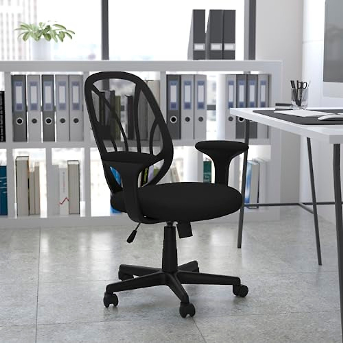 Flash Furniture Y-GO Office Chair Mid-Back Black Mesh Swivel Task Office Chair with Arms