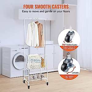 VEVOR Metal Rolling Laundry Basket with Hanging Garment Rack, Laundry Hamper Cart Adjustable Height with Basket Load and Shelf Load, Storage Organizer with Heavy Duty Lockable Wheels