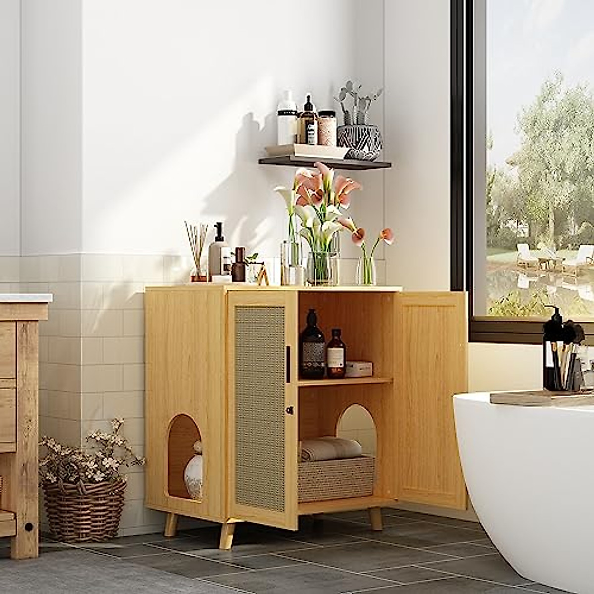 Lovinouse Large Cat Litter Box Enclosure, Hidden Cat Washroom Furniture with Sisal Covered Doors, 2 Layer Wooden Cat Cabinet with Adjustable Shelf, Side Table TV Stand for Living Room