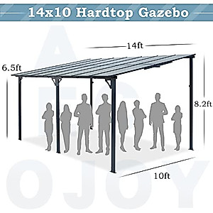 AECOJOY 10' x 14' Gazebo for Patio, Hard Top Lean to Gazebo Pergola with Roof (140 Sq.Ft Shaded), Large Wall-Mounted Heavy Duty Awnings for Patio, Decks, Backyard and More