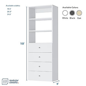 Closet Shelves Tower - Modular Closet System With Drawers (4) - Corner Closet System - Closet Organizers And Storage Shelves (White, 25.5 inches Wide) Closet Shelving