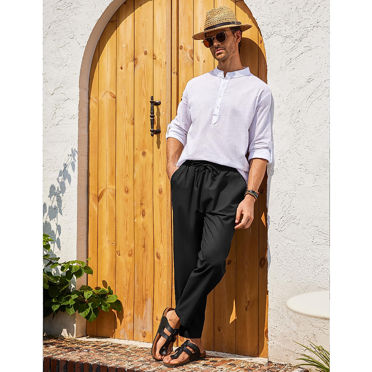 COOFANDY Mens Linen Pants Casual Drawstring Trousers Lightweight Yoga Beach Hippie Summer Pants Black