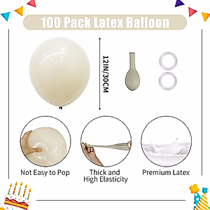 PatiCool Beige Balloons - 12 inch 100pcs Latex - Cream Balloons with 2 Ribbons, Neutral Ivory Balloons, White Sand balloons for Birthday Party, Boho Wedding, Bridal Shower, Baby Shower Decorations