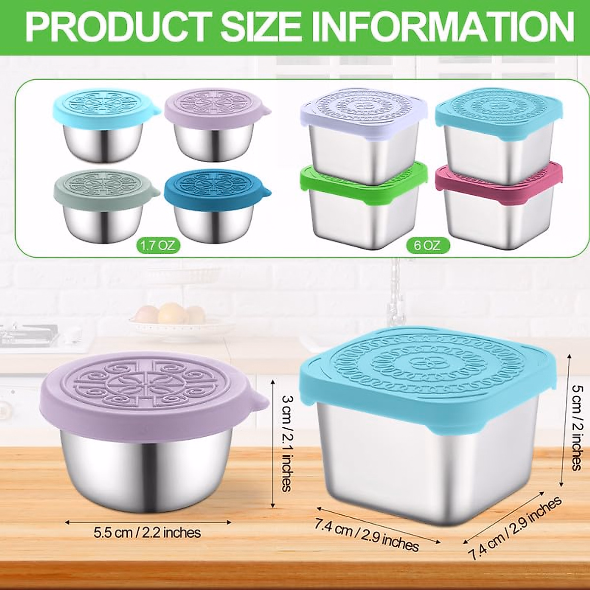 FillTouch 8 Pack Leakproof Dips Containers 6oz/180ml+1.7oz/50ml Salad Dressing Snack Container with Lid Reusable Silicone Lids Stainless Steel Small Condiment Containers for Lunch Box (Multicolor)