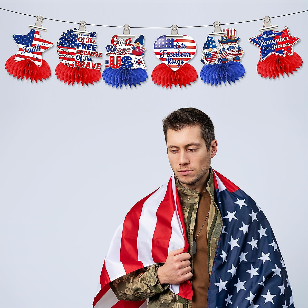 9Pcs Veteran Day Decorations Honeycomb Centerpieces, 3D Double Side God Bless USA Table Decorations, Blue Red Home of the Free Centerpieces for Tables, Memorial Day Decorations for Office Decor