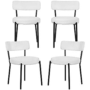 Sucrever Dining Chairs Set of 4, White, Upholstered Mid Century Modern Kitchen Dining Room Chairs with Black Metal Leg/Backrest, Boucle Velvet Accent Dining Chairs for Living Room Bedroom