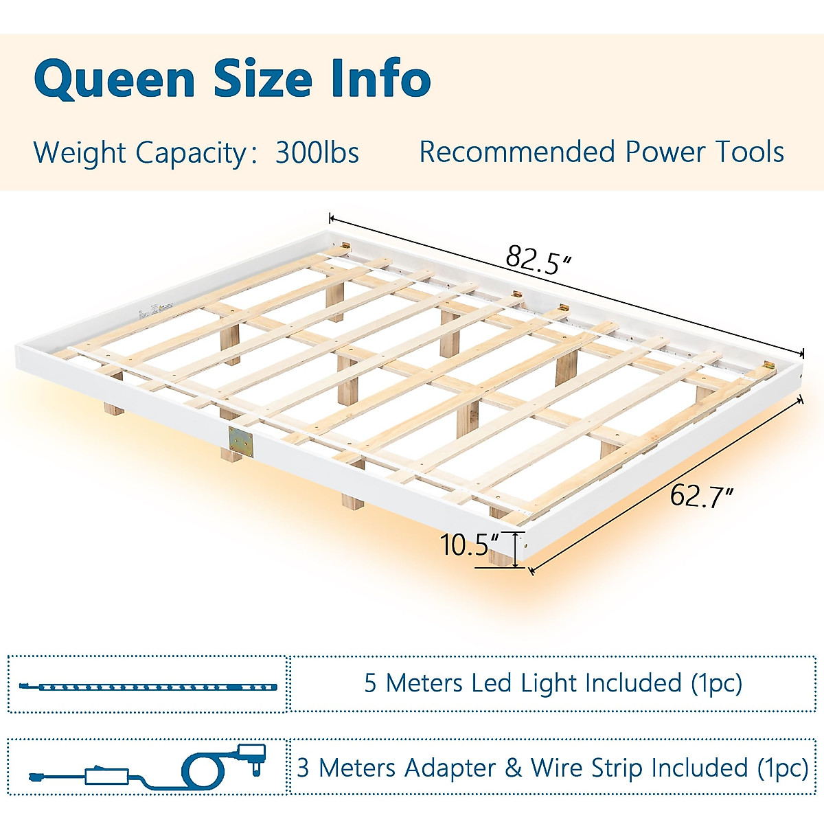 Dolonm Queen Size Bed Frame, Floating Bed Frame with LED Lights, Modern Low Profile Platform Bed Frame, Solid Pine Wood Slats Support, Noise Free, No Box Spring Needed, Easy Assembly, White