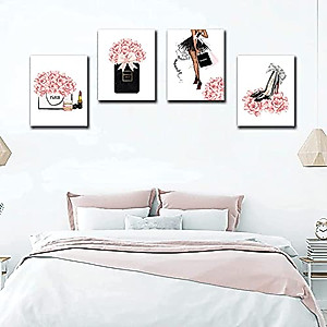 FRAMED Makeup Room Canvas Wall Art, Fashion Woman Picture , Perfume Handbags High Heels Lipstick Wall Paintings, Pink Gift for Girls Room Boudoir Decor Ready to Hang Set of 4, 8x10 in (Framed)…