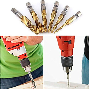 6PCS Titanium Combination Drill and Tap Bits Set, 1/4" Hex Shank HSS SAE Screw Tapping Bit with Center Punch Tool for Drilling, Tapping and Countersinking (Metric M3-M10)