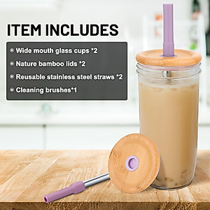 Hydraful 24 oz Glass Tumbler Cup with Bamboo Lid and Straw - 2 Pack, Mason Jar Tea Cup, Wide Mouth Glass Bottle for Smoothie, Iced Coffee, Juice, and Water, BPA Free, Dishwasher Safe
