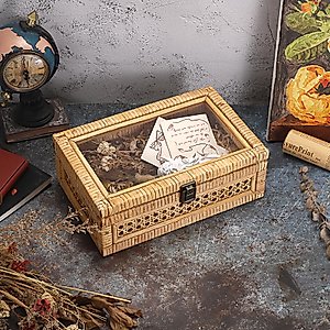 Hipiwe Rattan Display Box with Clear Lid Rectangular Wicker Storage Basket Bin with Metal Secure Latch Handwoven Natural Rattan Decorative Box Small Shelf Organizer Basket for Snacks Remotes