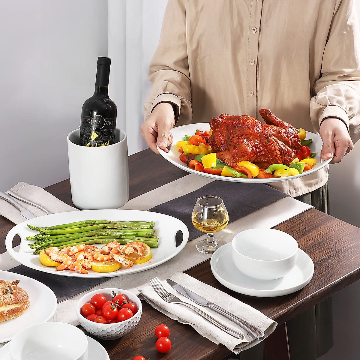 Buyajuju Porcelain Serving Platter with Handles, 14" Serving Dishes for Entertaining, Oval Serving Tray for Salad, Stew, Fruits and Pasta, Set of 2, White