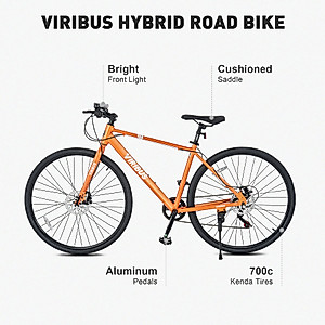 Viribus Road Bike, Mens Womens Bike, 700C Hybrid Bike, Adults Bike Lightweight Medium Aluminum Frame, City Bike for Adults with 7 Speed Derailleur, Bike for Commuting Touring 28 inch, Orange