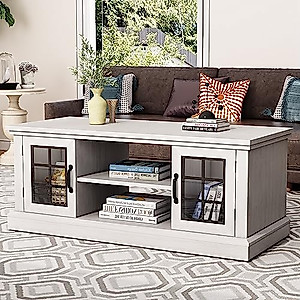 AMERLIFE 47" Rustic Coffee Table, Farmhouse 2 Shelves Center Table with Glass Door Closed Storage Cabinet for Living Room, Distressed White