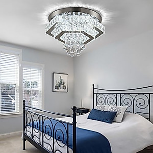 Finktonglan Modern Crystal LED Ceiling Light 2 Layers Flush Mount Fixture Chandeliers Stainless Steel Lamp for Living Room Dining Room Bedroom Hallway