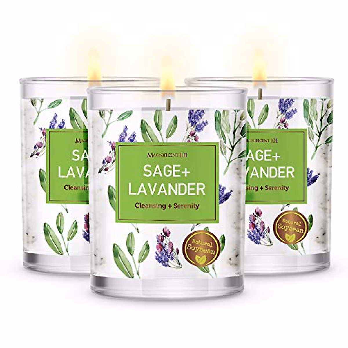 MAGNIFICENT 101 Pure Sage + Lavender Smudge Set of 3 Candles for House Energy Cleansing, Banish Negative Energy I Purification and Chakra Healing - Natural Soy Wax Candles for Aromatherapy