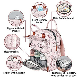 Legestori Floral Printed Diaper Backpack for Moms - Large Pink Bag with Insulated Pockets and Stroller Straps for Baby Girls