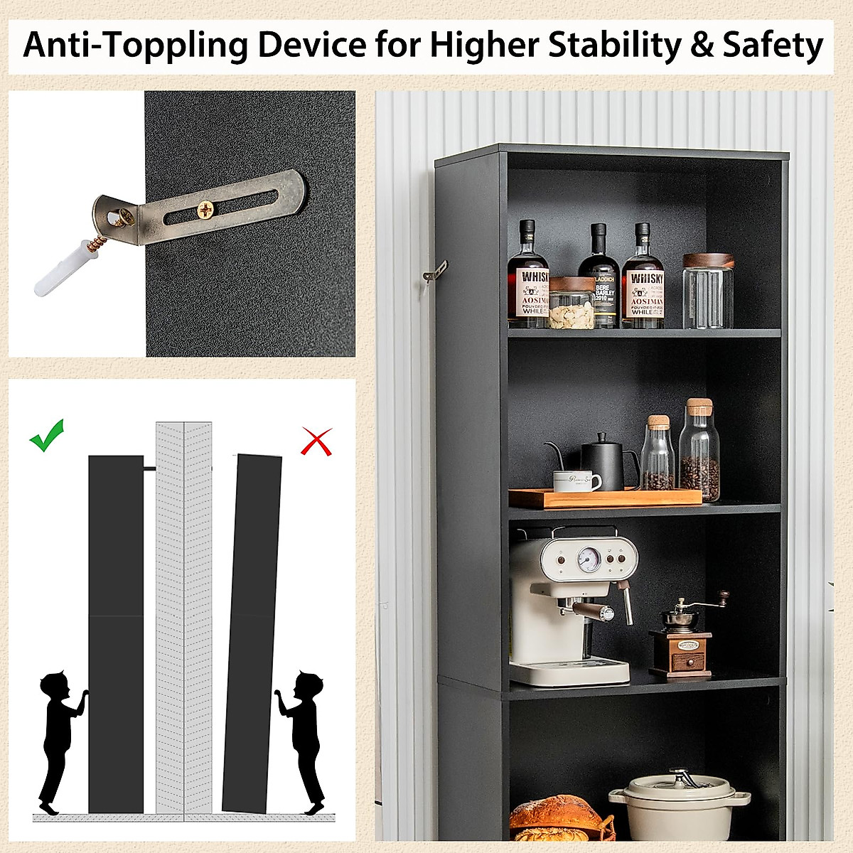 IFANNY 74" Tall Bookcase, Freestanding Open Bookshelf w/ 4 Open Shelves & 2 Drawers, Modern Display Shelf with Anti-Toppling Device, Wooden Book Shelf for Bedroom, Study, Living Room, Office