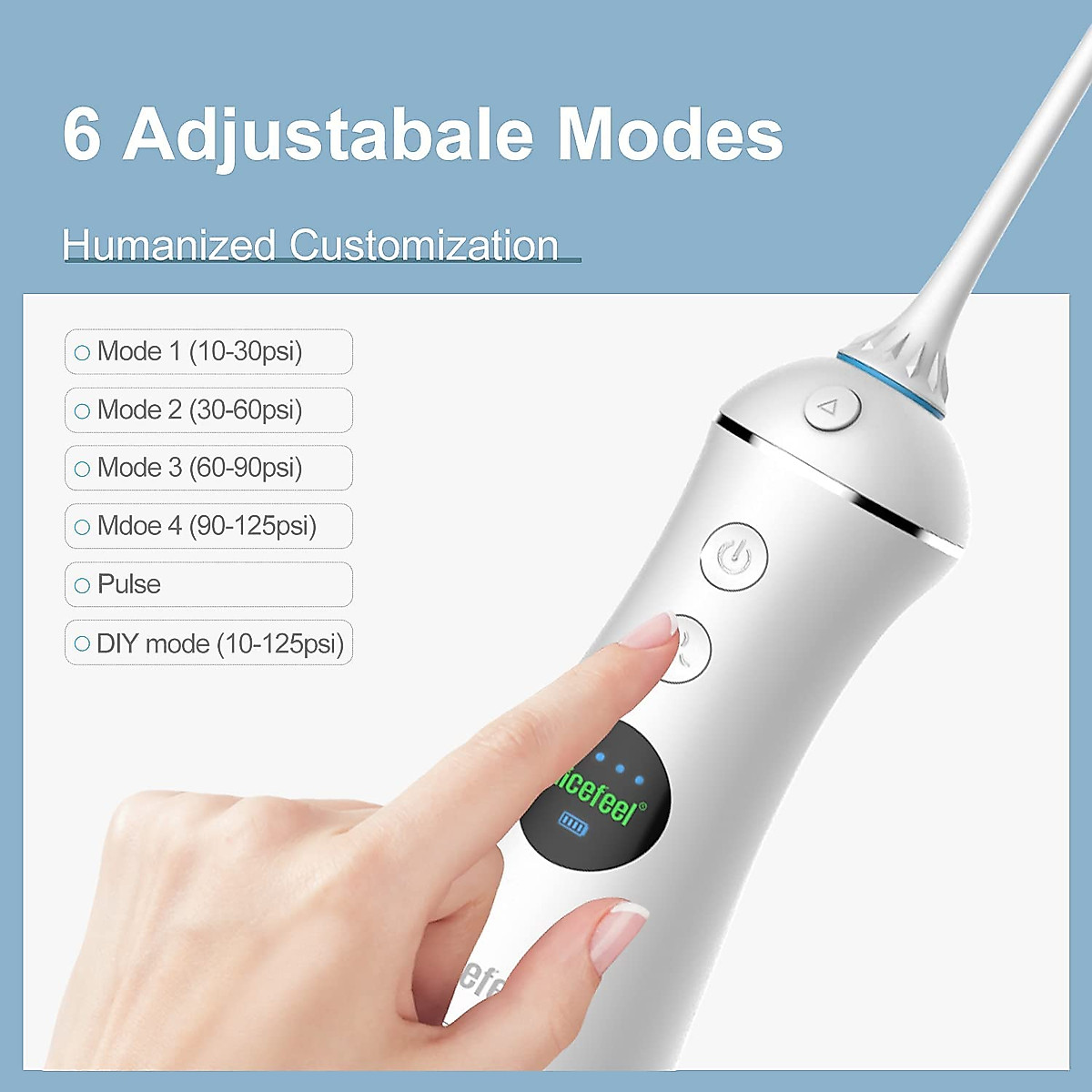 Nicefeel Portable Water Flosser Cordless Rechargeable Dental Cleaner Irrigator, with Gravity Ball, LCD Display, 300ml tank 6 Modes 4 Jet Tips, and IPX7 Water proof for Travel & Home & Braces