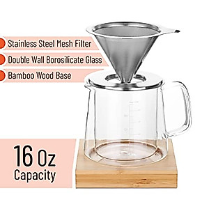 Brew To A Tea BTaT- Pour Over Coffee Maker Set, Double Wall Glass, 16 oz, Drip Coffee Maker, Permanent Filter, Coffee Maker Pour Over, Manual Coffee Maker, Coffee Pour Over, Dripper