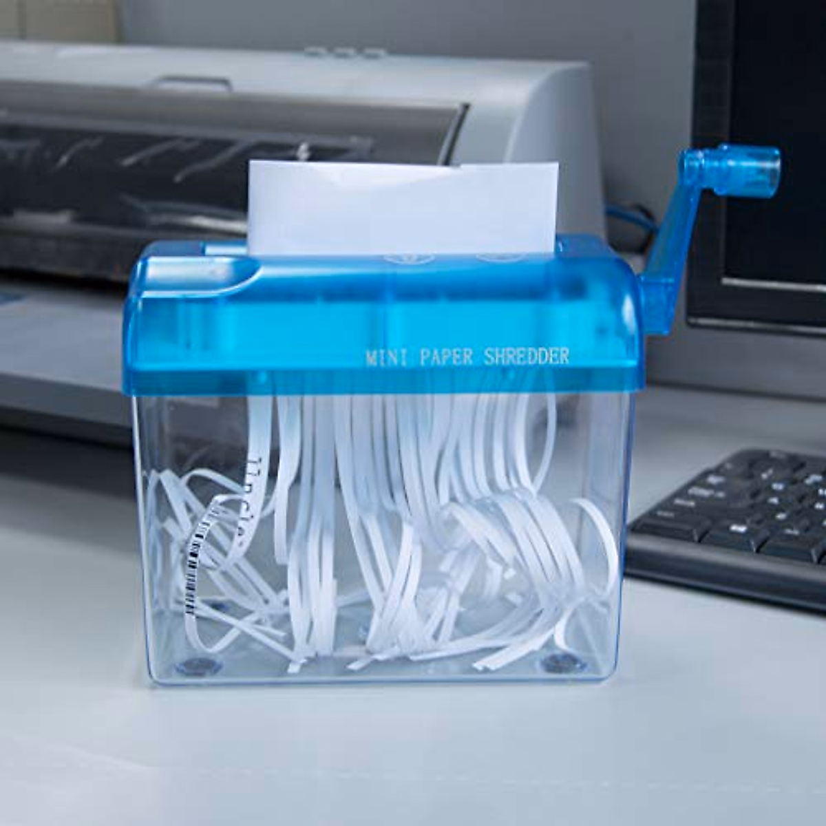Mini Manual Shredder - Blue Office Portable Hand Paper Cutter for Paper/Notes/Bills/Portrait/Photos Fits A6 Size or Folded to A6 Size Capacity 1.5L Straight Cut
