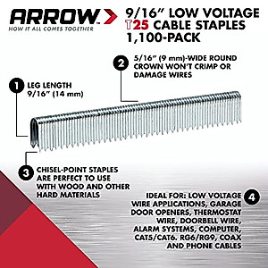 Arrow 259 T25 Heavy Duty Steel Staples for Installing Low Voltage Wires and Cables, Use with Holiday Lights, Doorbells, Alarm Systems, 1100-Pack, 9/16-Inch Leg Length, 5/16-Inch Crown Width