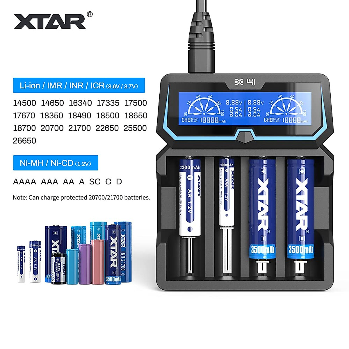 XTAR New X4 Universal 18650 21700 Battery Charger 2A Fast Charger for Rechargeable Li-ion/IMR/Ni-MH/Ni-Cd 18650 16340 20700 21700 26650 14500 AA AAA C Batteries with USB Output