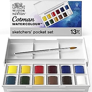 Winsor & Newton Cotman Water Colour Paint Sketchers' Pocket Box, Half Pans, 13 count (12 colors and a brush)