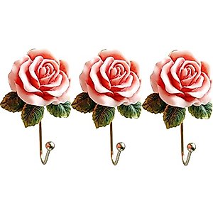 OPENDGO 3PCS Rose Resin Wall Hooks Wall Mounted Creative Flower Iron Hook for Hanging Coat/Hat/Key/Towel/Handbag Hooks/Hangers Room Wall Decor