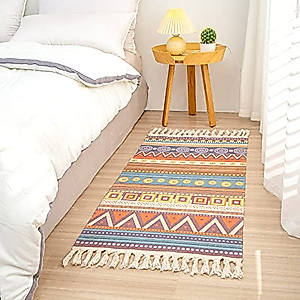 aoaoaoway Cotton Rug Soft Rug and Handwoven Fringe Rectangular Cotton Rug Tapestry Boho Kitchen, Living Room (Blue&Orange, 35.4 * 23.6)