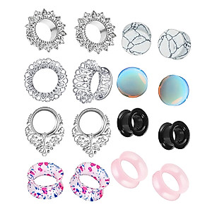 TIANCI FBYJS 8 Pairs Stainless steel Ear Tunnels Earrings Silicone Gauges Plugs For Ear Brass Hollow Plugs and Tunnels Glass Piercings Stretcher Kit 2g 00g 5/8