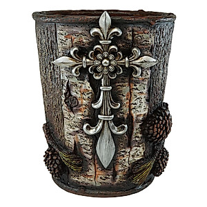 Ebros Gift Rustic Southwestern Inspirational Le Fleur Cross with Birch and Pinecones Bathroom Accessory Resin Sculpture Fleur De Lis Accent (Dry Waste Basket Trash Bin)