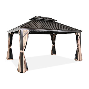 10'x12' Hardtop Gazebo, Outdoor Aluminum Permanent Pavilion Gazebo with Curtains and Netting, Brown Galvanized Steel Metal Double Roof Canopy Gazebo and Aluminum Frame for Patios, Gardens, Lawns