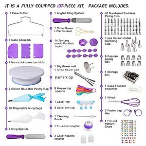 Cake Decorating Supplies Kit for Beginners, Set of 138, Baking Pastry Tools, 1 Turntable stand-55 Numbered Icing Tips with Pattern Chart, Angled Spatula, 8 Russian Piping nozzles-Baking Tools