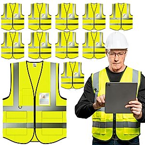 PeerBasics Safety Vest 10 Pack, Yellow, ANSI Class 2, Reflective, For Men Women Unisex, With Pockets Zipper, Breathable Mesh (Large)