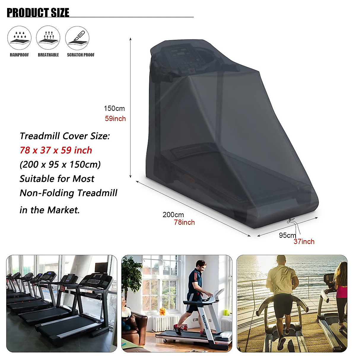 POMER Large Treadmill Cover, 78in Dustproof and Waterproof Non-Folding Running Machine Protective Cover for Home Running Equipment Use