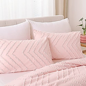 YIRDDEO Pink Comforter Queen Size 3Pcs, Boho Chevron Comforter Set Queen Blush Farmhouse Bedding Sets Queen, Vertical Tufted Comforter, Lightweight Neutral Boho Bed Set (1 Comforter, 2 Pillowcases)
