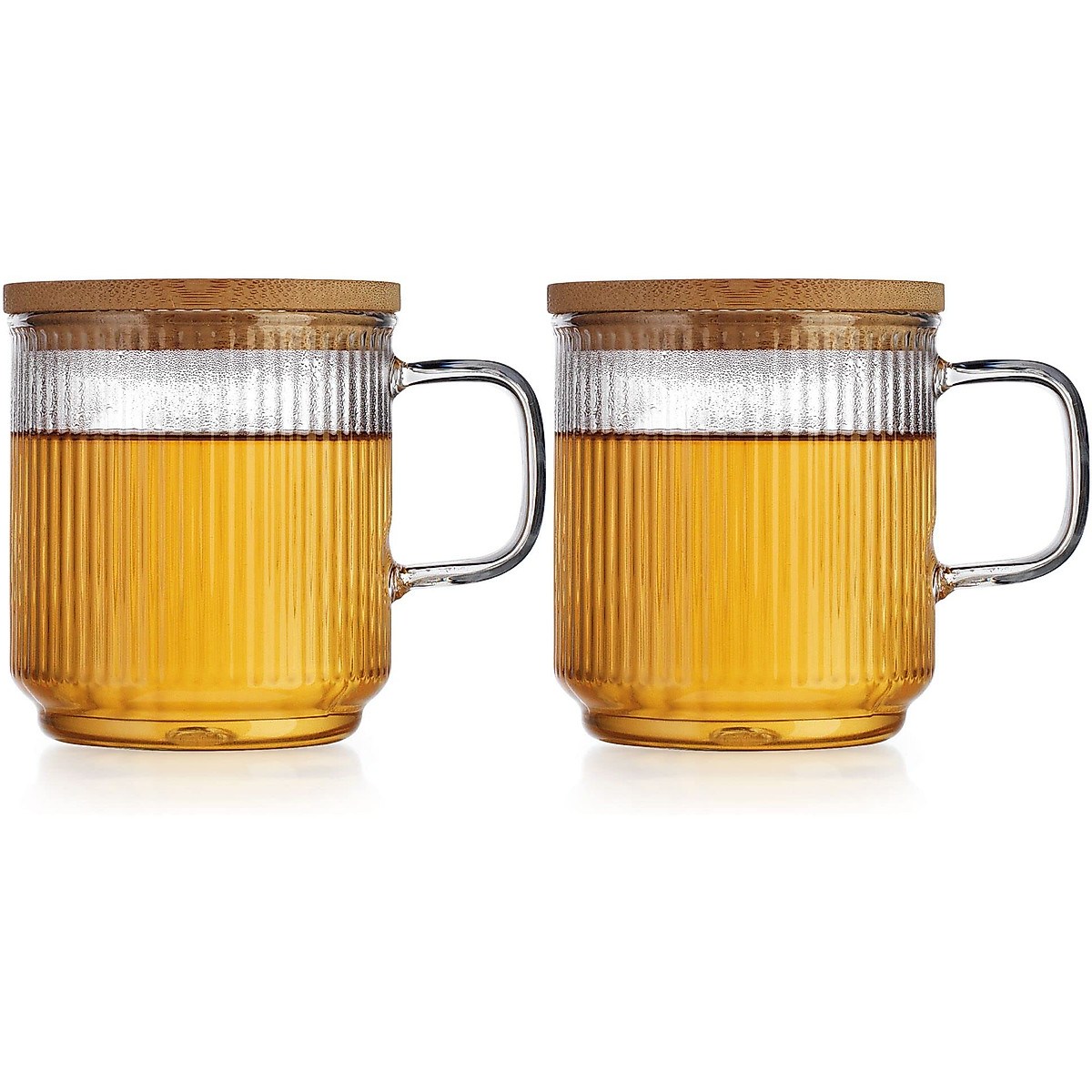 Glaver's Coffee Mug with Lid Borosillcate Glass Set of 2, 12 oz Ribbed Tea Cup With Bamboo Lid and or Coaster 2in1. For Espresso, Mocha, Cappuccino.