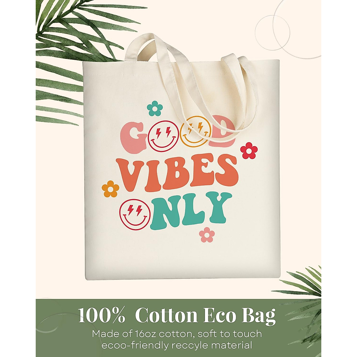 AUSVKAI Canvas Tote Bag Aesthetic for Women Cute Grocery Bag Cotton Beach Totes Gift-Good Vibes Only
