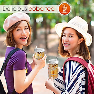 Reusable Wide Mouth Smoothie Cups Boba Tea Cups Bubble Tea Cups with Lids and Silver Straws Mason Jars Glass Cups (2-pack, 32 oz mason jars)