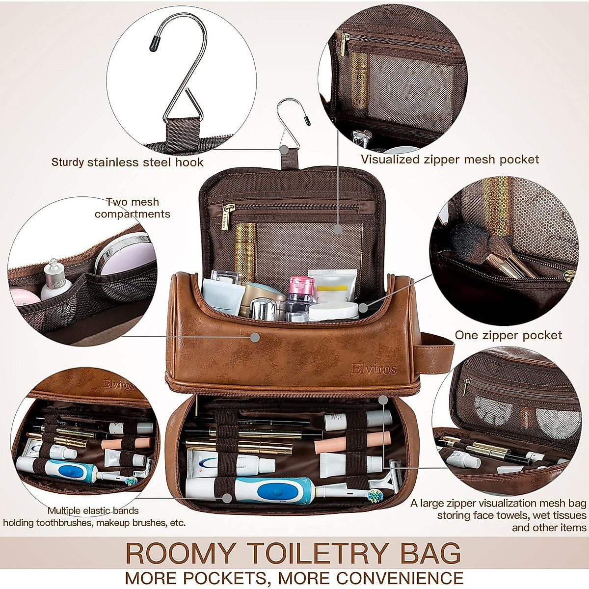 Elviros Toiletry Bag, Mens Leather Travel Organizer Kit with hanging hook, Large Water-resistant Toiletries Bathroom Shaving Bags for Women (Brown)