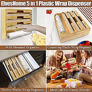 Foil and Plastic Wrap Organizer, Paper Towel Holder Wall Mount, 5 in 1 Plastic Wrap Food Dispenser with Cutter for 12" Wax Paper Parchment Roll Aluminum Foil Dispenser for Kitchen Organization Storage