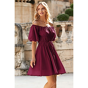PRETTYGARDEN Women's Off The Shoulder Babydoll Dress Short Puff Sleeve Casual A Line Ruffle Summer Dresses (Solid Wine Red,Large)