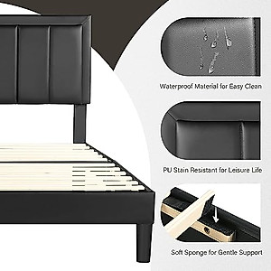 Catrimown Queen Size Bed Frame with LED Lights, Upholstered Bed Frame Queen with Faux Leather Adjustable Headboard, Wood Slat Support, No Box Spring Needed, Easy Assembly, Black