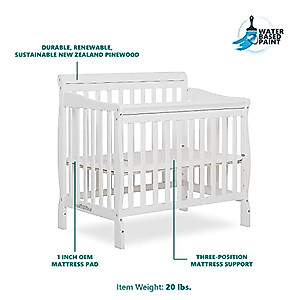 Dream On Me Aden 4-in-1 Convertible Mini Crib In White, Greenguard Gold Certified, Non-Toxic Finish, New Zealand Pinewood, With 3 Mattress Height Settings
