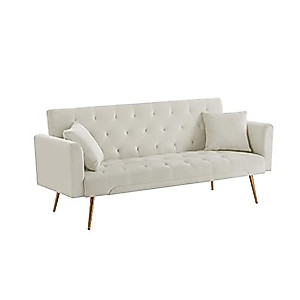 FANYE Tufted Daybed,Modern Convertible Futon & Sofabed,Soft Velvet Upholstered Metal Legs Loveseat Sofa Convenient Nap Sleeper Couch Bed for Home Office Apartment Living Room Furniture Sets, Beige