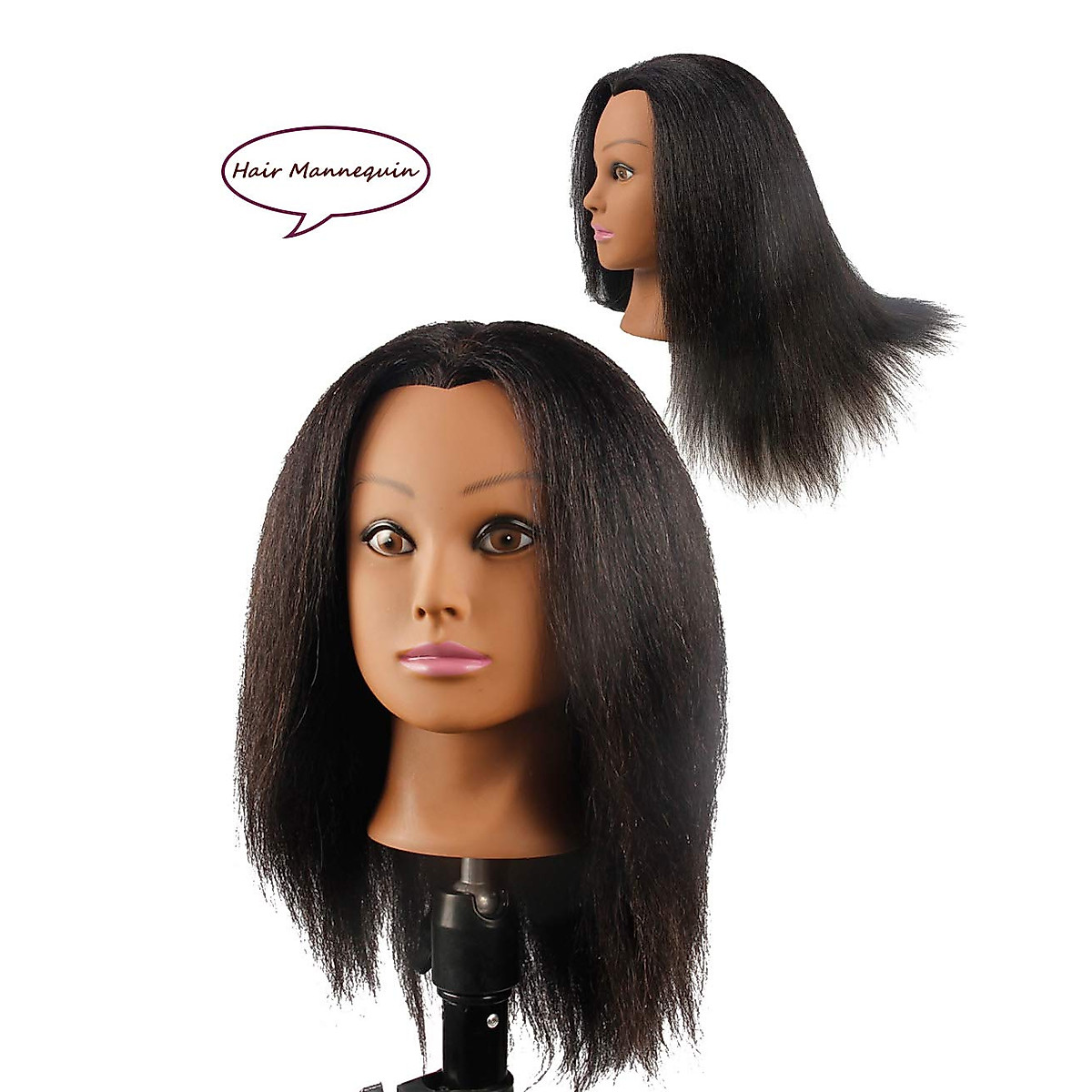 Kalyx African Mannequin Head Real Hair for Cosmetology Manikin Maniquins Hairdresser Practice Training Head Doll Head and Table Clamp Stand(B12)