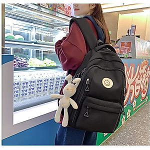 Preppy Backpack Smiling Face with Bunny Plush Cute Aesthetic Backpack Preppy Stuff Kawaii Accessories Korean College Style (Black,One Size)